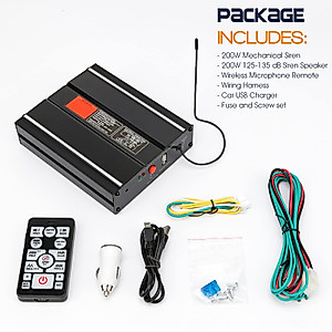 BooYu 12V 200W 20 Tones Police Warning Emergency Siren PA System [Slim Speaker][Wireless Remote Handheld Microphone][2 x 10A Switches] for Firefighter Ambulance Vehicles Truck Car SUV ATV UTV