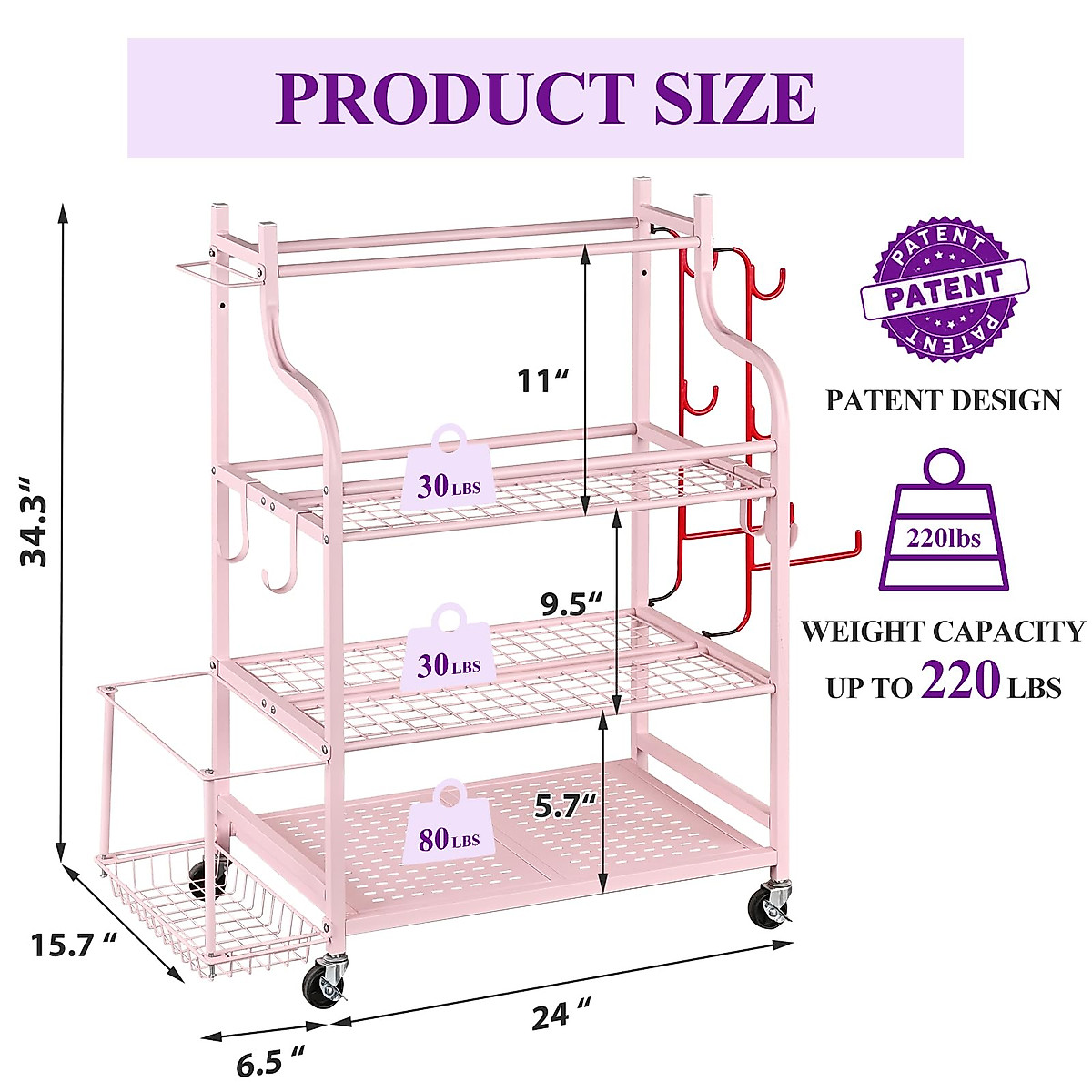 Mythinglogic Yoga Mat Storage Racks,Home Gym Storage Rack for Dumbbells Kettlebells Foam Roller, Yoga Strap and Resistance Bands, Workout Equipment Storage Organizer With Hooks and Wheels