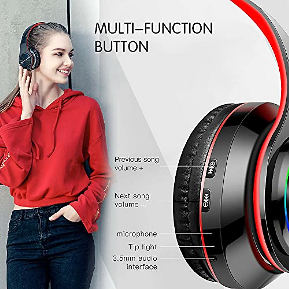 YTDTKJ Bluetooth Over Ear Headphones, Foldable LED Stereo Headphones with Built-in Microphone, Noise-Cancelling Wireless Headset for PC/Smart Phone/TV (Black & Red)