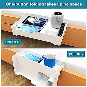 JUMEIHUI Folding Bedside Shelf for Bed College Dorm,Bunk Bed Shelf for Top Bunk,Bed Shelf Organizer with Cup Holder,Bed Accessories,Bedside Organizer for Phones,Kindle,Book,Remote,CPAP(White)
