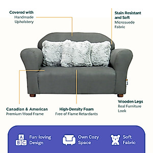 Keet Plush Childrens Sofa with Accent Pillows, Sofa for Kids Room, Kids Sofa, Toddler Sofa with Three Fluffy Pillows, Comfortable Sofa for Kids, Children Sofa, Kid Sofa, Charcoal and Grey