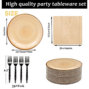 60Pcs Wood Grain Party Supplies Rustic Wood Grain Set 7"Wood Paper Plates and Wood Slice Napkin Fork for CampFire Camping Party Woodland Animal Baby Shower Lumberjack Birthday Party Decoration Serve20