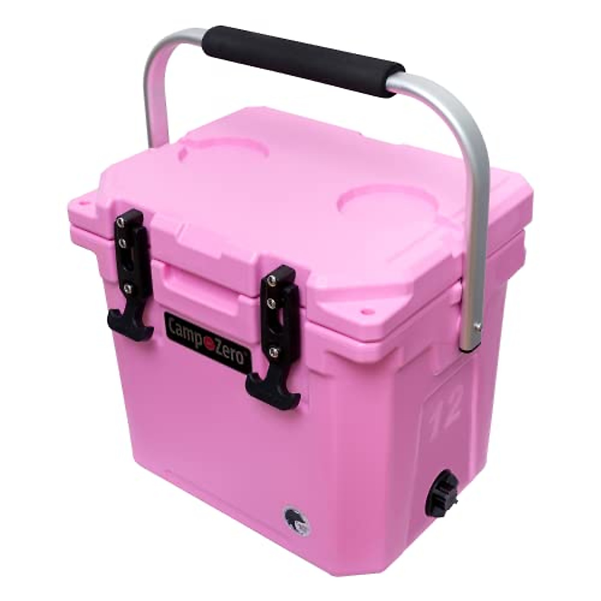 CAMP-ZERO 12 | 12.6 Qt. Cooler with 2 Molded-in Cup Holders & Folding Aluminum Handle | Thick Walled, Freezer Grade Cooler with Secure Locking System & Tie Down Channels (Pink)
