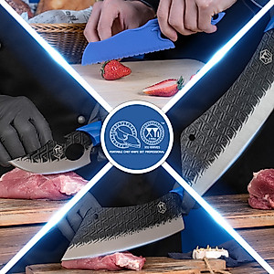 Authentic XYJ Since 1986,5pcs Slicing Knives Set,Vegetable Kitchen Knife With Roll Bag,Whetstone,Honing Steel,Cake Cutter,Camping Chef Butcher Knife,Full Tang (XYJ Blue)