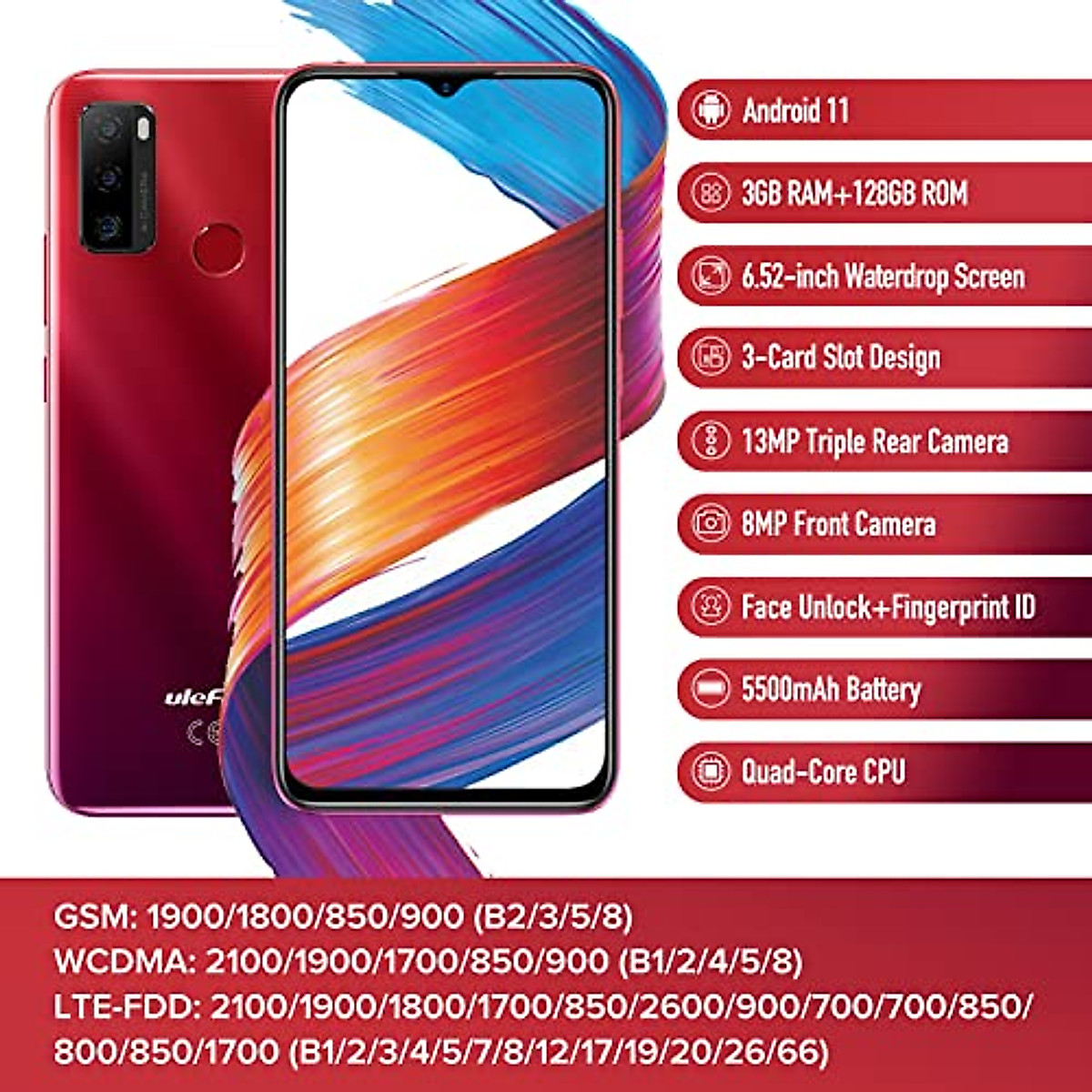 Ulefone Unlocked Smartphones Note 10P, Dual Sim Phones Unlocked, 3GB + 128GB ROM, Android 11, 6.52-inch HD+, 5500mAh High Capacity Battery, 13MP + 8MP, Fingerprint Face Detection, GPS, T-Mobile - Red