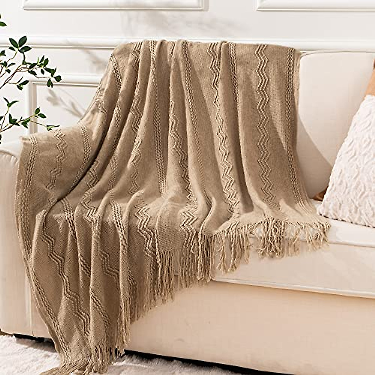 BATTILO HOME Tan Throw Blanket for Bed, Boho Decorative Tan Blanket for Couch, Taupe Throw Blanket for Home Decor, 50"x60"