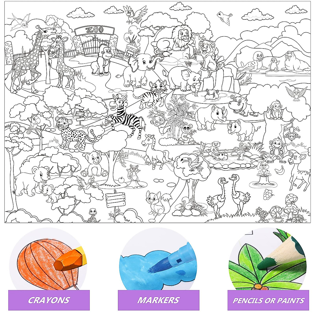 Zoo Jumbo Giant Coloring Poster for Kids 45 x 32 Inch Table Wall Coloring Pages Big Animals Huge Coloring Paper Large Coloring Sheets for Art Activities Kid Birthday Home