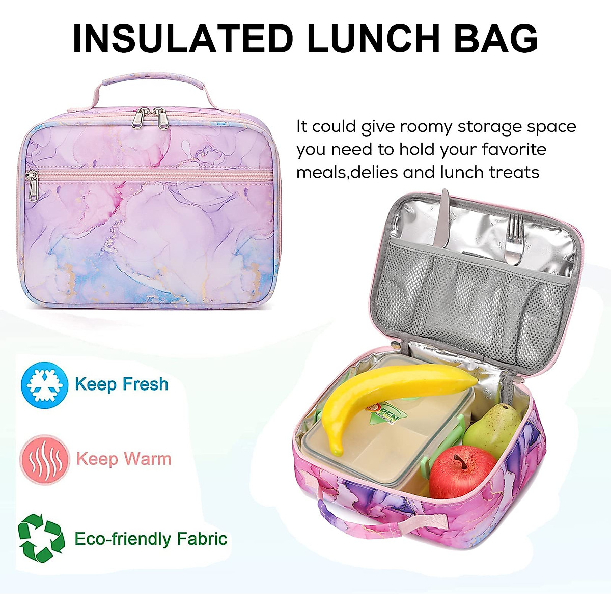 Joyfulife School Backpack for Girls Kids Backpack with Lunch Box Lightweight Marble Preschool Elementary Primary BookBags Set