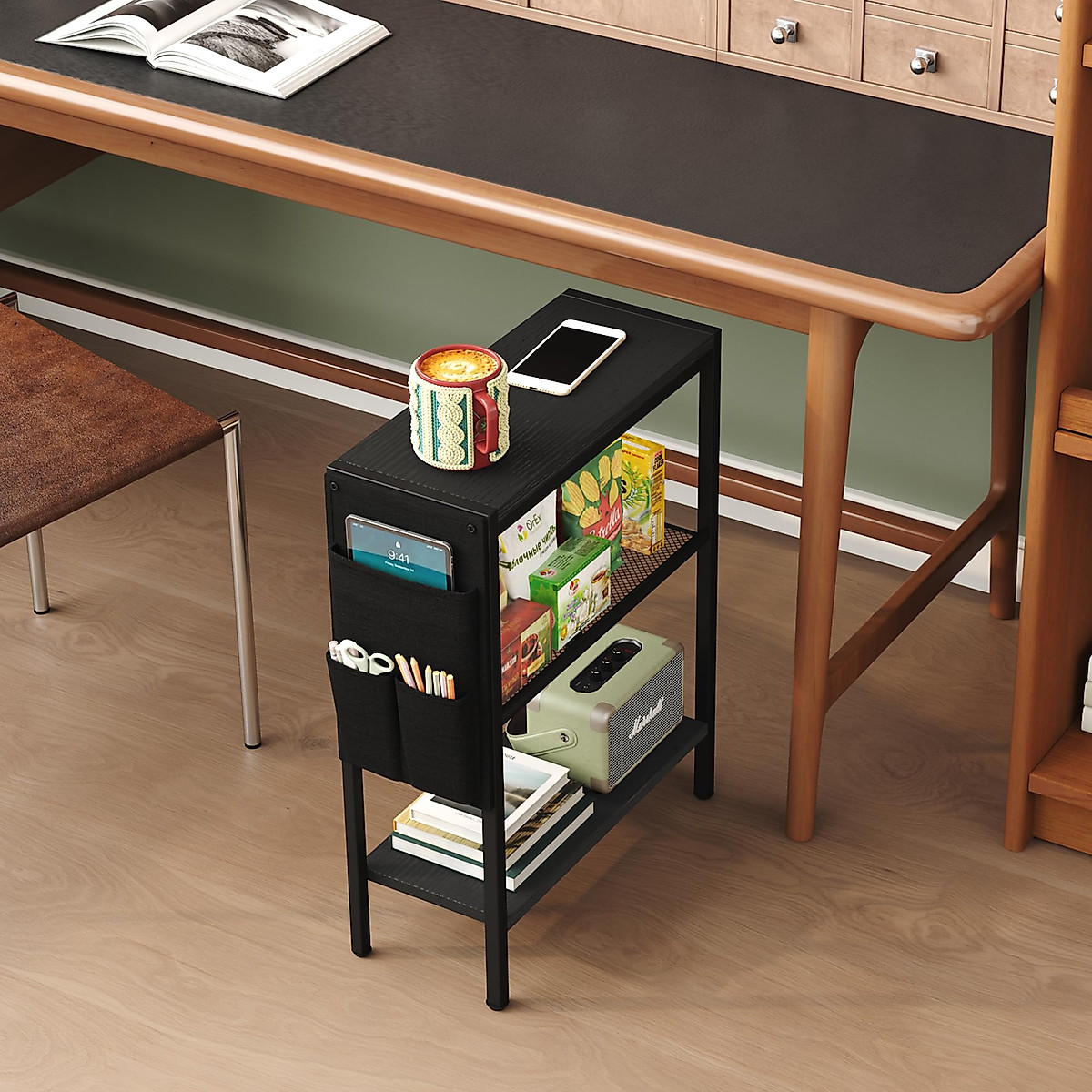 Yusong Small Narrow Side Table for Small Spaces, Slim End Table with Storage Bag, Sofa Snack Table with Adjustable Metal Mesh, 3 Tier Accent Skinny Beside Table for Living Room & Bedroom, Black Oak