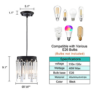 MAYNA Crystal Pendant Light, Modern Chandelier, Adjustable Height Hanging lamp, Black Pendant Lights for Kitchen Island Dining, Room,Living Room,Foyer,Hallway (1Pack)
