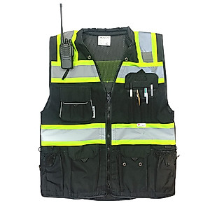 Vero1992 (C) Vest Mens Class 2 Black Series Safety Vest With Zipper and Utility Pockets Premium Black Series Surveyors Vest (Medium, Black)