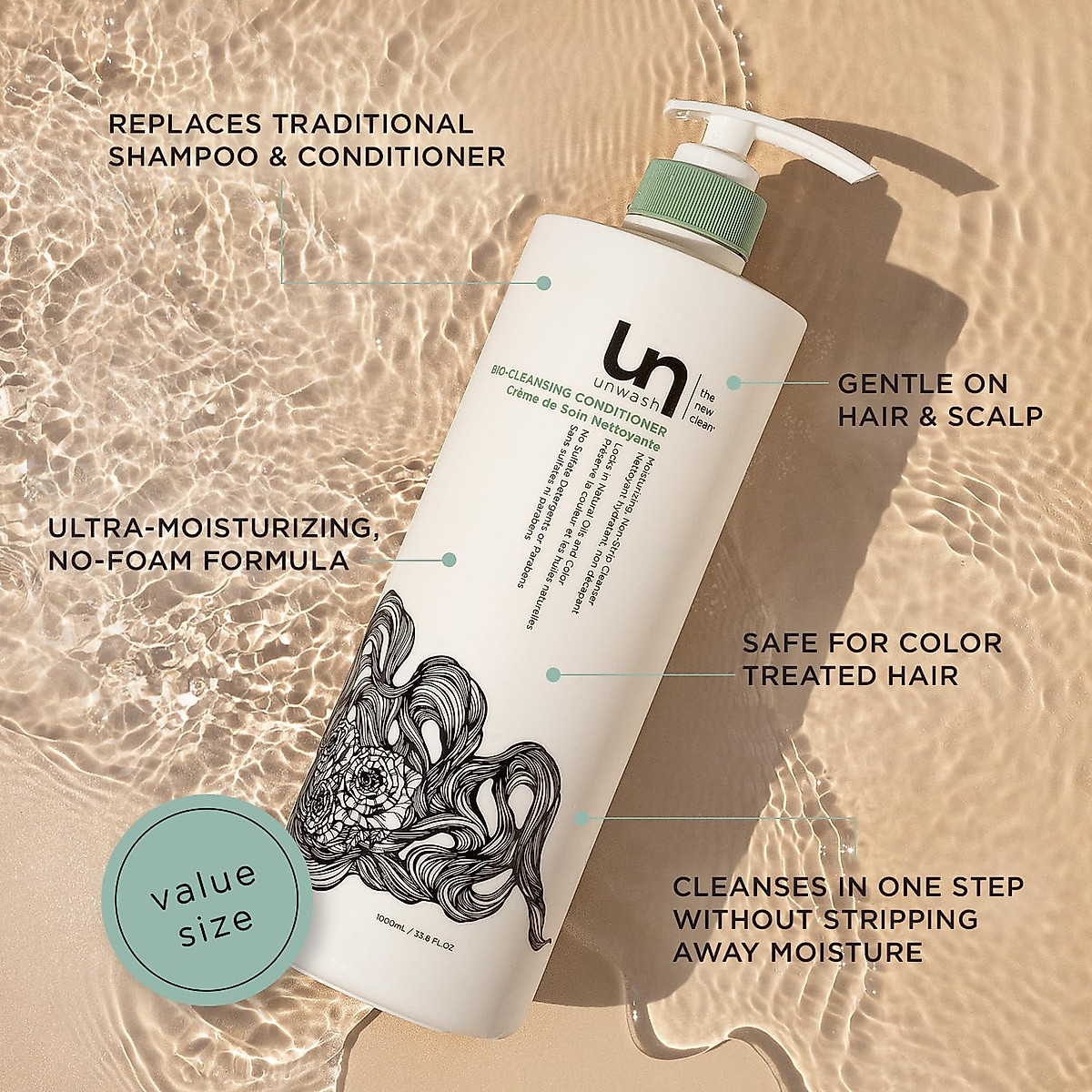 unwash Bio-Cleansing Conditioner - Gentle, Hydrating Co-Wash Cleansing Conditioner, Sulfate & Paraben Free, for Curly, Coily & Dry Hair, 33.8 fl oz