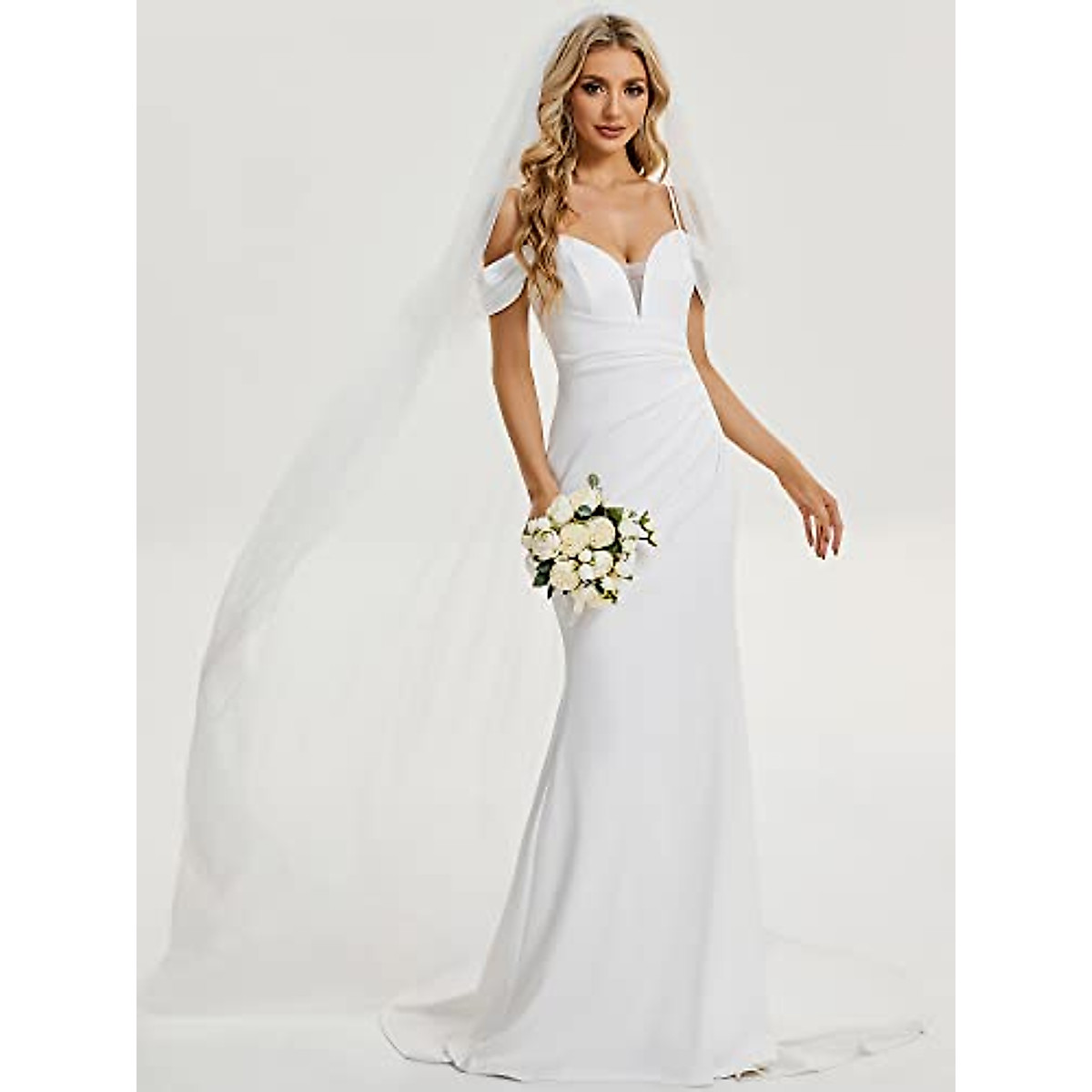 Ever-Pretty Women's Double V Neck Short Sleeve Mermaid Long Bridal Dress for Women White US12