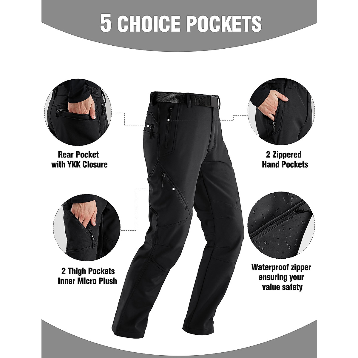 FREE SOLDIER Men's Fleece Lined Outdoor Cargo Hiking Pants Water Repellent Softshell Snow Ski Pants with Zipper Pockets (Black 32W x 30L)