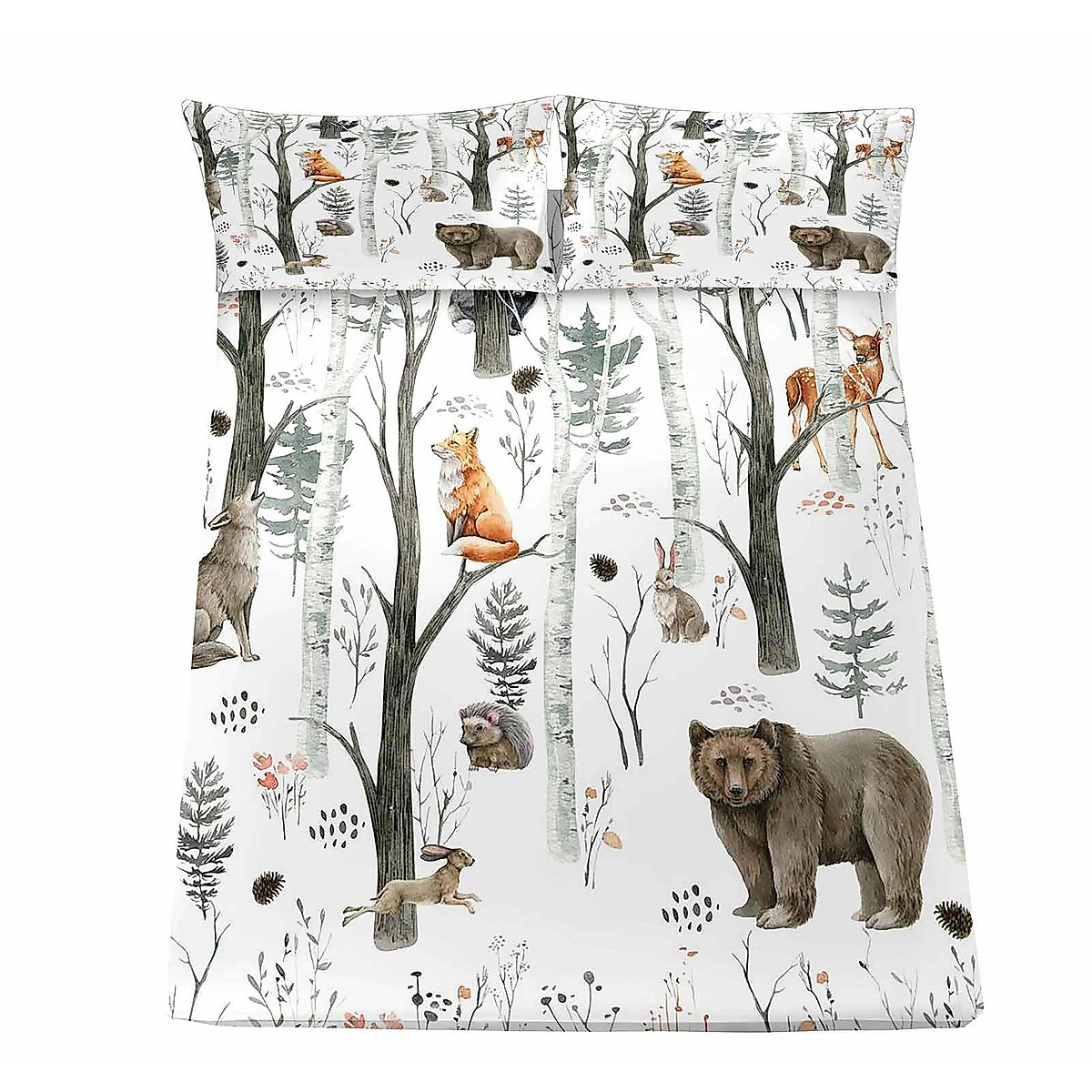 LUVIVIHOME 4PCS Woodland Animals Sheets Set, Queen Bed Sheets, White Sheets, Boys Girls Kids Bedding, Bear Deer Fox Forest Animal Lodge Cabin Bedding Set, 1 Fitted Sheet & 1 Flat Sheet & 2 Pillowcases