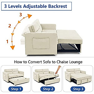 Polibi 54.5'' Modern Convertible Sleeper Sofa Bed with Two Arm Pockets, Velvet Sofa w/Pull-Out Bed Loveseat Sofa Couch and Adjsutable Back for Living Room (Beige)