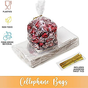 Clear Candy Bags 50 Pcs 4x4x9 Flat Bottom Cello/Cellophane Treat Bags for Bakery, Cookies, Goodie Bags with Color Twist Ties!