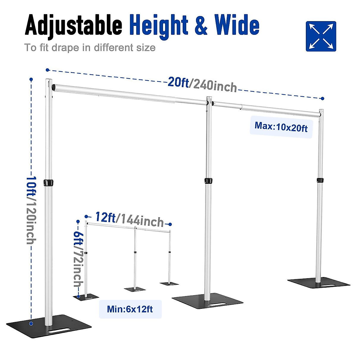 Hecis, Portable Pipe and Drape Backdrop Stand with Crossbar, Adjustable Backdrop Kit for Event， Party, Trade Shows and Wedding Decor, 10FTX20FT Backdrop Frame