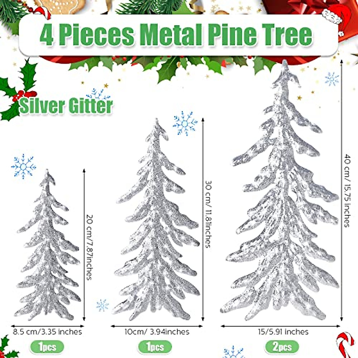 4 Pieces Christmas Pine Sculpture Metal Tree Christmas Metal Pine Tree Metal Wall Art Decor for Home Office Outdoor Wall Decor (Silver)