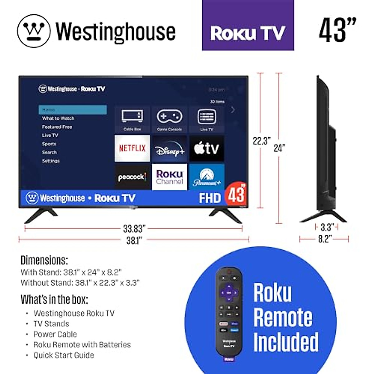 Westinghouse Roku TV - 43 Inch Smart TV, 1080P LED Full HD TV with Wi-Fi Connectivity and Mobile App, Flat Screen TV Compatible with Apple Home Kit, Alexa and Google Assistant