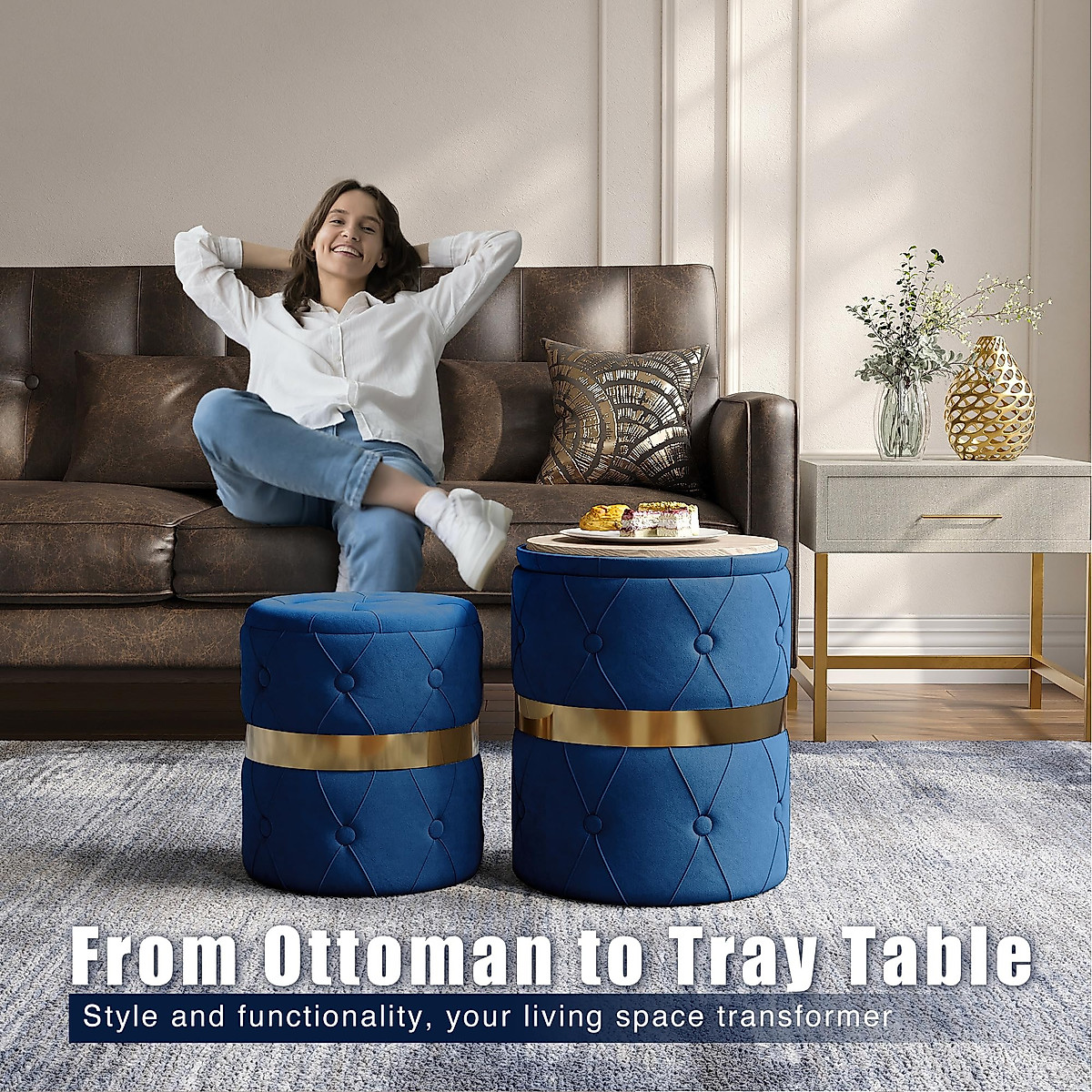 RoyalCraft Round Storage Ottoman Set of 2, Fully Assembled Velvet Vanity Stool Chair, 22QT Large Storage Foot Stool, Support 200lbs Padded Seat for Bedroom, Living Room, Office and Study Room, Blue