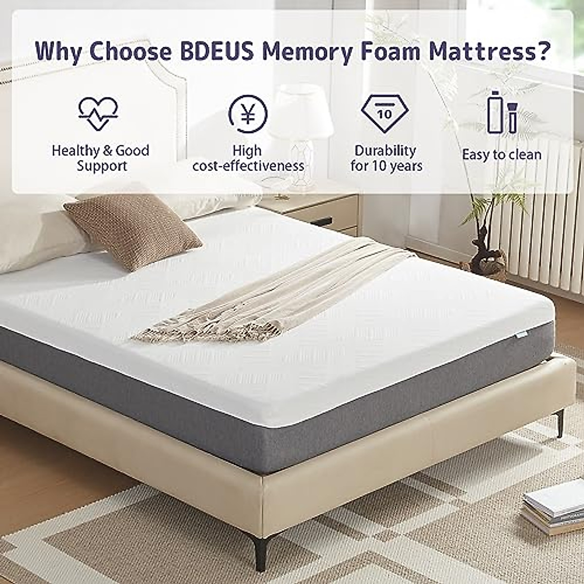 BDEUS Queen Mattress,12 inch Gel Memory Foam Queen Size Mattress for Cool Sleep & Pressure Relief, Medium Firm Bed Mattresses, Bliss