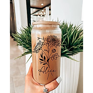 Personalized Name Glass Cup with Birth Flower, Custom Ice Coffee Bridesmaid Gift for Her, Friend, Birthday, Bachelorette Party, Customized Aesthetic Boho Floral Beer Can Tumbler Bamboo Lid Straw