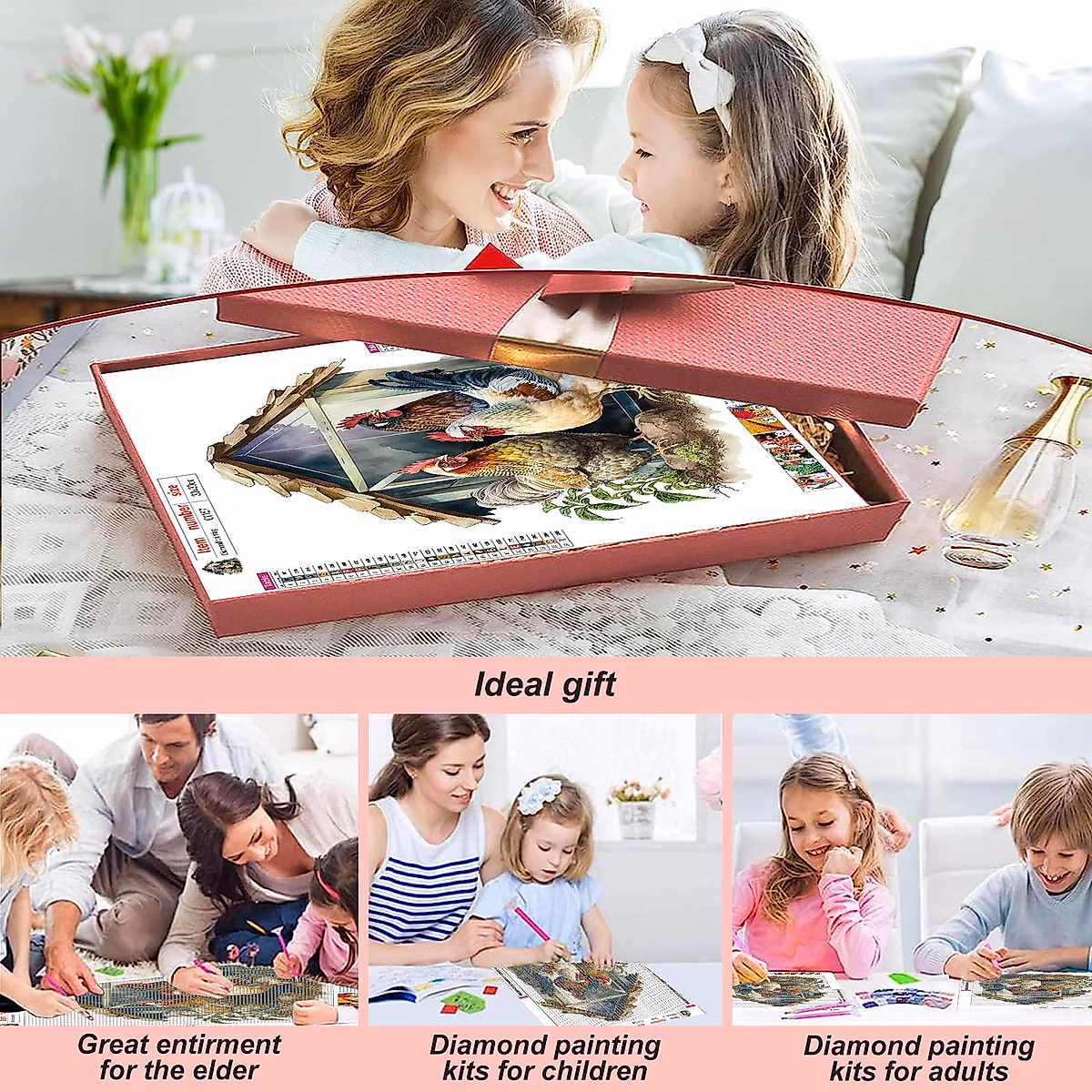 Stalente Diamond Painting Kits for Adults, Rooster 5D DIY Diamond Art Kits for Beginners Round Full Drill Diamond Painting for Home Wall Decoration Gift 12×12inch, Chicken