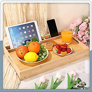 Leinuosen 2 Pcs Large Bed Tray Table with Media Slot 19.7 Inch Bamboo Breakfast Food Tray with Handles Folding Legs Portable Laptop Pad Desk TV Snack Tray for Eating, Reading, Working