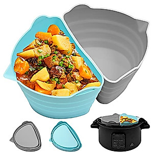Silicone Crock Pot Liner-Crockpot Divider Insert Fit 6-8 Quarts, Reusable Slow Cooker Silicone Liner, Foldable&Dishwasher Safe (Blue+Grey)