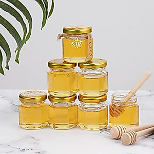 60 Pack Mini Honey Jars 1.5 Oz Glass Honey Jars with Wooden Dippers,Bee Charms,Thank You Cards,Jutes And Stickers, Hexagon Small Honey Jars with Dipper Party Favors in Bulk For Baby Shower Favors Wedd