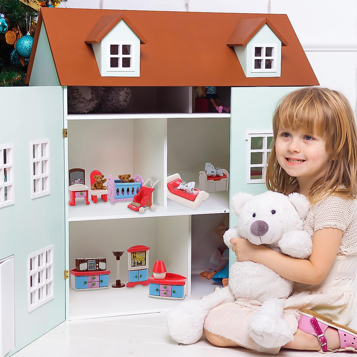 Beverly Hills Doll Collection Dollhouse Accessories Furniture and Accessory Set, All in one Bedroom, Kitchen, Laundry Room, and Bathroom 46 Piece Mega Set in a Storage Container