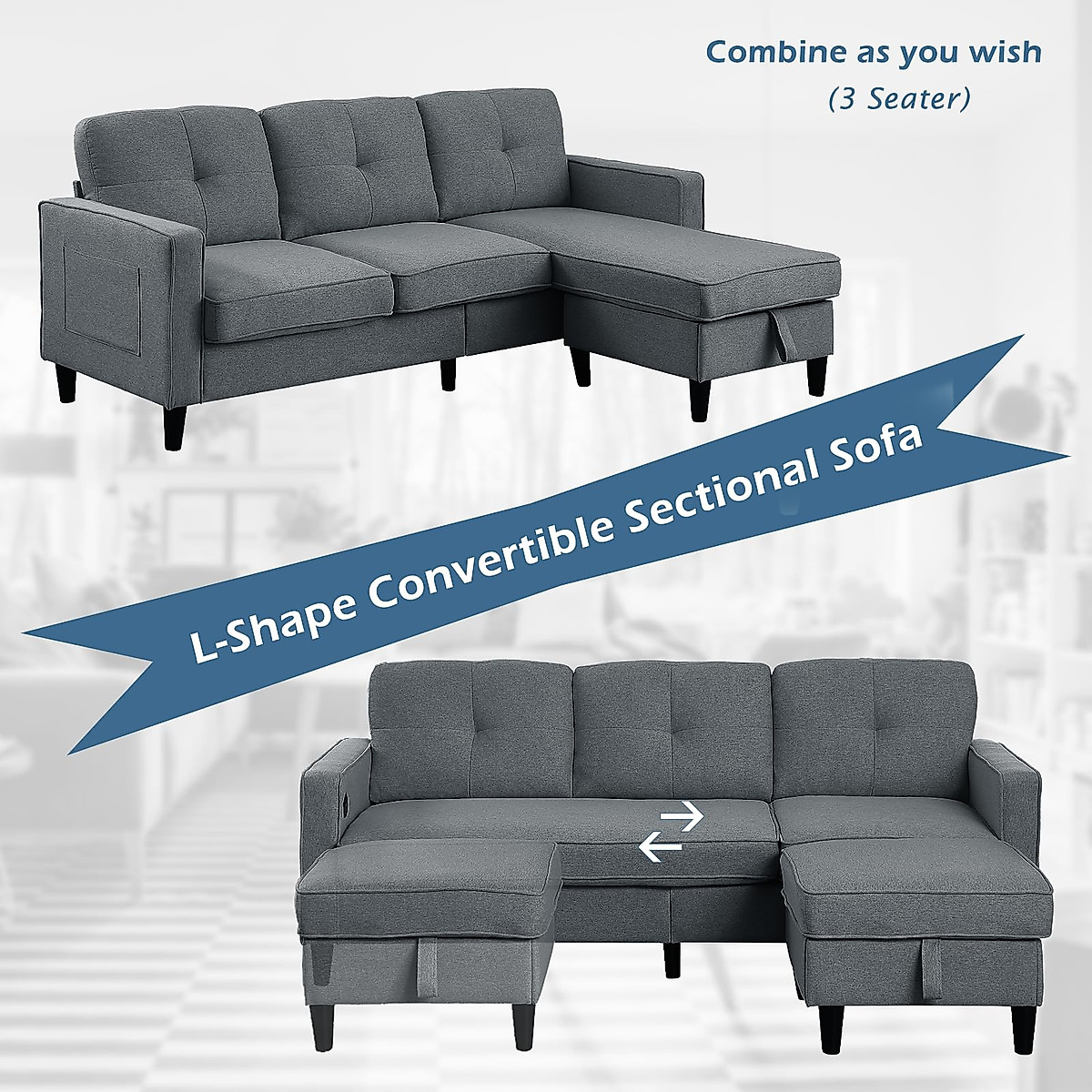 Sectional Sofa for Living Room 76inch Small Space Couches 3 Seater Sofa L shaped Chaise Loveseat Linen Fabric Comfy Couch Chairs with Reversible Ottoman Bench for Home, Apartment, Dorm, Office (Grey)