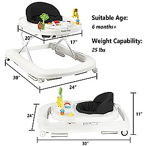 Kinder King 3 in 1 Folding Baby Walker, Activity Walker for Boys Girls, Learning-Seated, Toddler Walk-Behind w/Music Toys, Adjustable Height & Speed, Safety Bumper, Infant Walker Anti-Rollover, Black