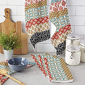 Kitchen Towels Reversible for Drying Dishes, Bohemian Red Teal Turquoise Brown Geometric Stripe Set of 1 Dishcloths Cotton Hand Towels, Absorbent Dish Towels for Kitchen Counter Tea Towels 18"x 28"