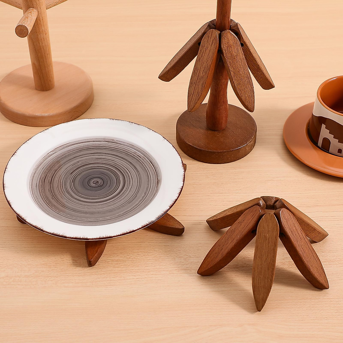 PartyKindom Wooden Trivets for Hot Dishes: Walnut Tree Coasters Foldable Wood Tree Trivets for Hot Pots Bowl Teapot Pans Christmas Table Decor (3 Layers + 1 Stand)