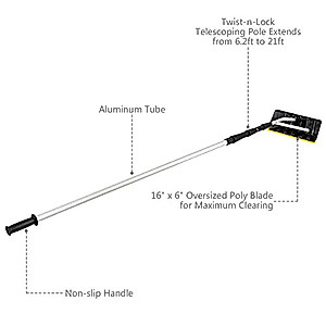 Happytools Telescoping Snow Roof Rake, 21’ Lightweight Aluminum Snow Removal Tool with Extendable Pole and Poly Blade for Metal Roof, Asphalt Roof, Car and Solar Panel