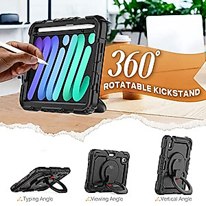 SEYMAC stock Case for iPad Mini 6 Genration 2021，[Full-Body][Shock Proof] Screen Protector Case with 360 Degree Handle Ring Folding Stand for iPad Mini 6th Gen 8.3 Inch,Black/Black