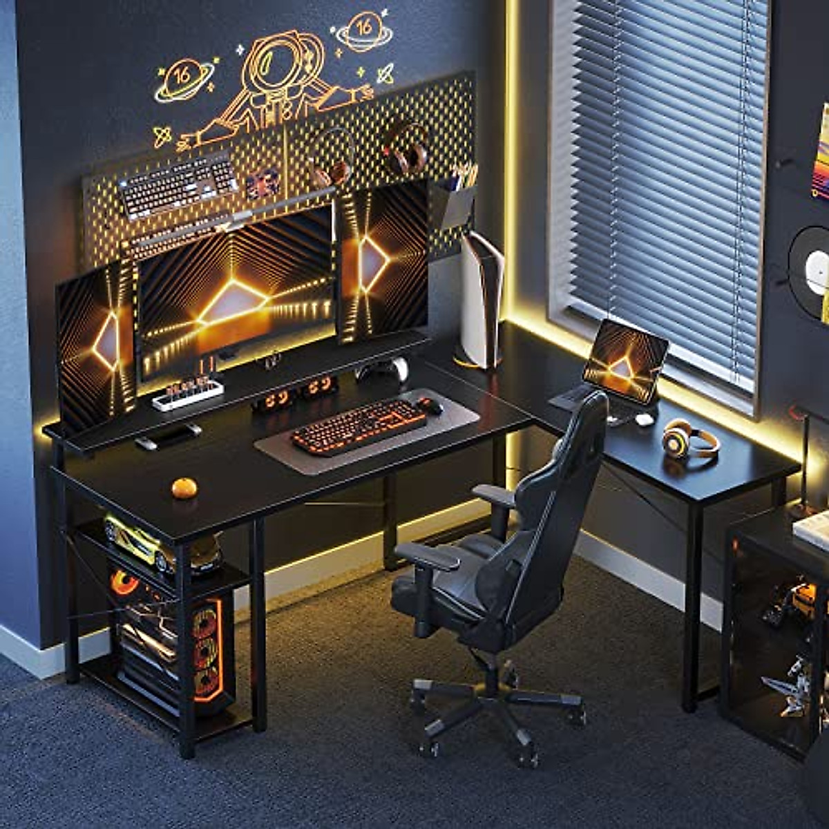 ODK L Shaped Gaming Desk, 61" Corner Computer Desk with Monitor Stand & Storage Shelf, Sturdy Home Office Desk, Black