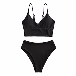 ZAFUL Women Tankini Set, Ribbed High Cut Surplice Swimsuit Bathing Suit with Spaghetti Straps (0-Black-Surplice,S)
