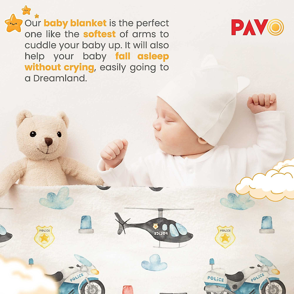 Pavo Customized Baby Blanket with Name - Police Car Personalized Baby Blankets for Boys Girls - Includes Bib & Onesie Option - Personalized Baby Gifts for Christmas, Thanksgiving, Shower