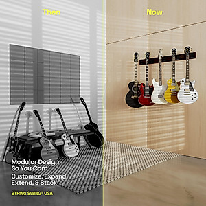 String Swing Guitar Wall Rack - Multiple Guitar Wall Mount - Guitar Organizer for Acoustic & Electric Guitars - 5 Padded Arm Hangers & Copper Slatwall Rail - Wall Mount Guitar Rack - MADE IN USA