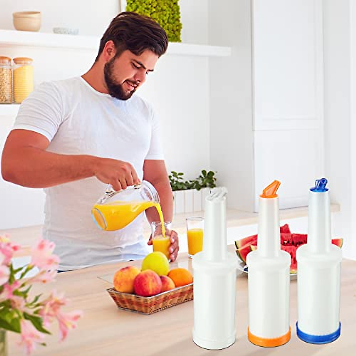 18 Pack Bar Pour Colorful Juice Pouring Bottle Containers 34 oz Plastic Juice Dispensers in 6 Colors for Bar Home Kitchen Party Supplies