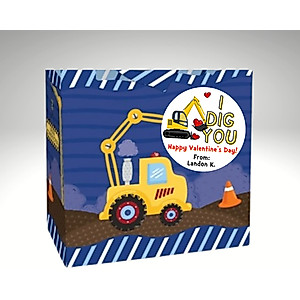 Personalized Construction Digger Valentine's Day Stickers for Kids 20-Count, 2 inch, Custom Classroom Valentines Favor for Boys, Happy Valentine's Day Labels