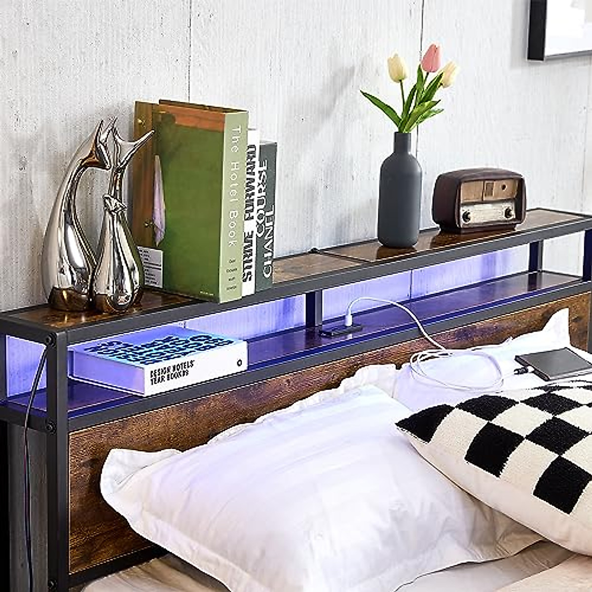 Industrial Modern Full Size Bed Frame with LED Lights and 2 USB Ports,with Wood Shaving Headboard and Platform Bed Frame,Bearing Capacity Up to 900 (Full, Rustic Brown)