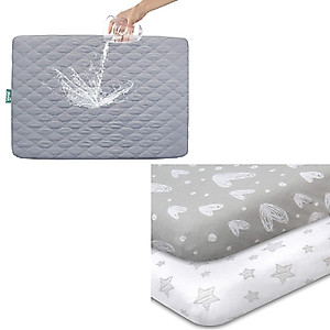 Pack n Play Mattress Protector Waterproof and Pack n Play Playard Mattress Sheets 2 Pack, Jersey Knit Egyptian Cotton Stretchy Portable Mini Crib Sheets or Playpen Sheets