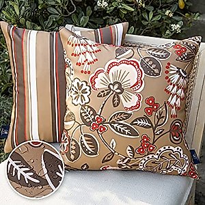 Phantoscope Pack of 2 Outdoor Indoor Throw Decorative Pillow Cover Decorative Waterproof Striped Floral Patio Pillows Cushion Case for Couch Tent Park, Light Coffee 18 x 18 Inches