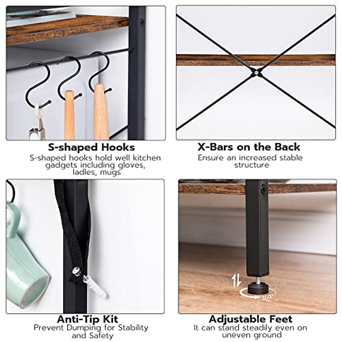 HOOBRO Bakers Rack for Kitchen, 4 Tier Microwave Stand with Storage, Multifunctional Baker's Rack with 8 Hooks, Wooden Kitchen Storage Shelf, Stable Metal Frame, Easy Assembly, Rustic Brown BF04HB01