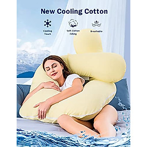 AngQi Pregnant Pillows for Sleeping, Pregnancy Belly Pillow with Cooling Cotton Cover - Support for Back, Hips, Legs, Belly for Pregnant Women Sleeping - Yellow Cream