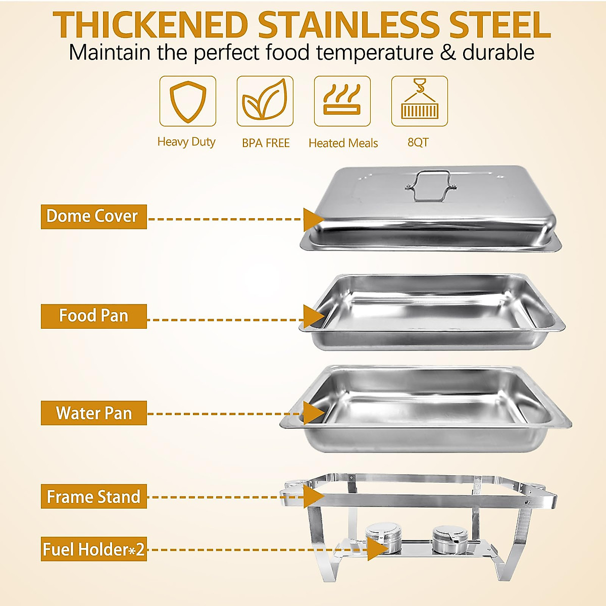JSTUOKE 4 Pack Chafing Dish Buffet Set, 8QT Stainless Steel Rectangular Chafers and Buffet Warmer Sets for Catering, with Food & Water Pan, Lid, Foldable Frame, Fuel Holder for Event Party Holiday